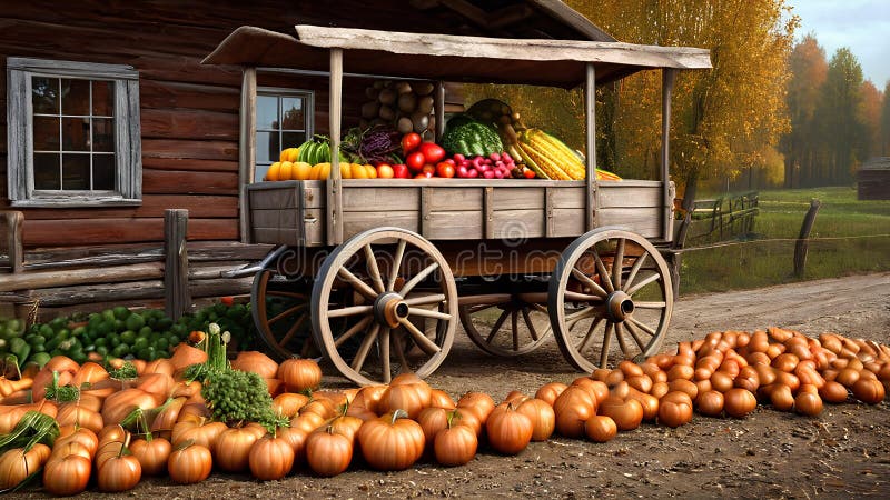 A Wagon Filled in with Pumpkins and Harvest Goods Stock Illustration ...