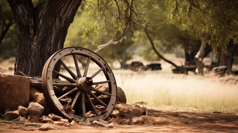 Wagon Wheel Resting Near Tree in Rustic Setting Stock Illustration ...