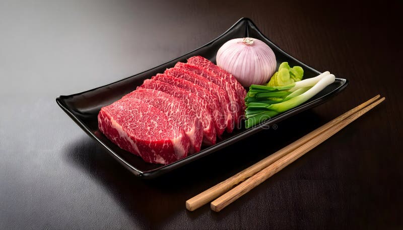Wagyu Beef Presentation Japanese Onions on Plate Stock Illustration ...