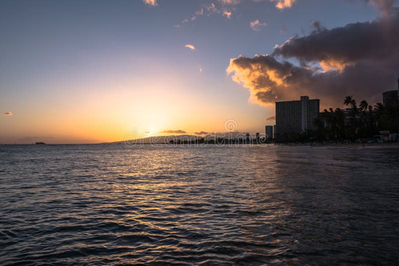 Waikiki Beach at Sunset, Oahu, Hawaii Stock Image - Image of cloud ...
