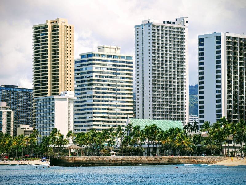 Waikiki Beachfront View with Towering Hotels and Palm Trees in Daylight ...