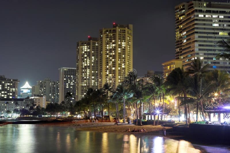 Waikiki at night (Hawaii) stock image. Image of skyscraper - 2178779