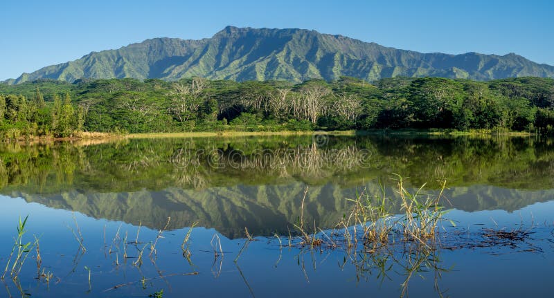 Wailua Reservoir with the Makaleha Mountains Stock Image - Image of ...