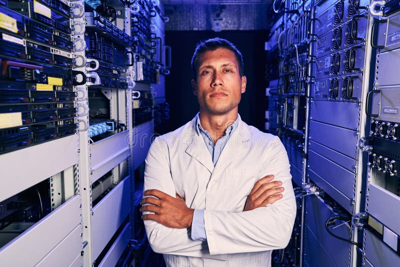 It Engineer in Lab Coat Standing in Server Room Stock Image - Image of ...