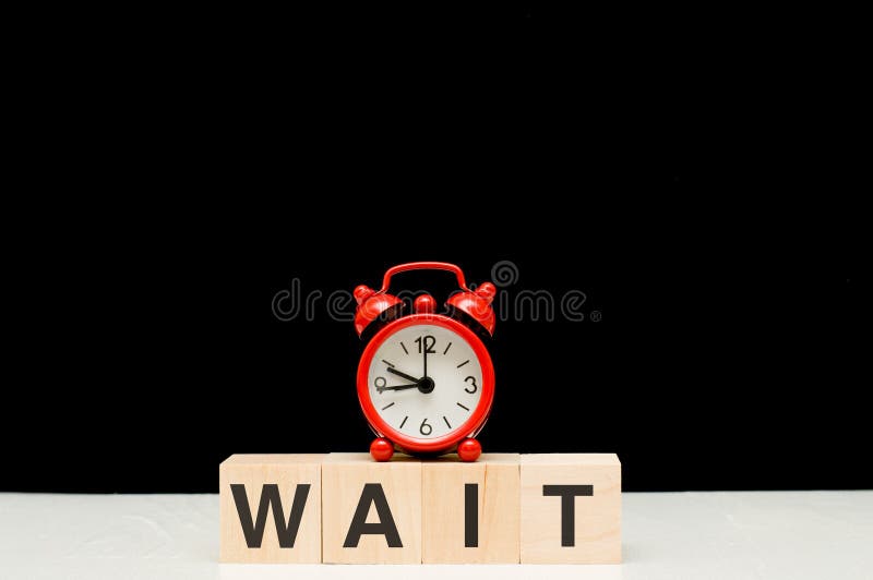 Wait. Waiting. Red Clock and Wooden Figures on Black Background. Stock ...