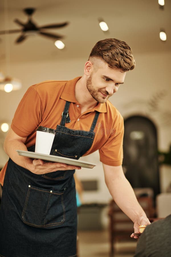 Cafe Waiter Holding Paper Containers Stock Image - Image of cafe, young ...