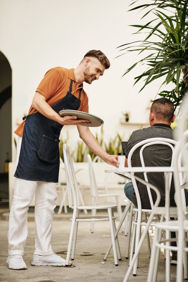 Waiter Bringing Order To Customer Stock Image - Image of waiter, apron ...