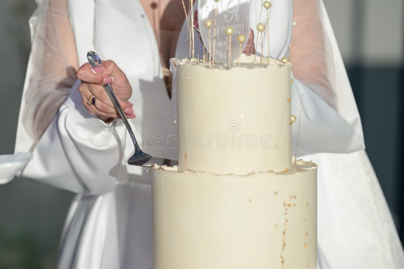 A Waiter Brings Out a Cake for the Bride and Groom. Stock Image - Image ...