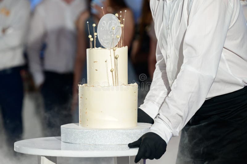 A Waiter Brings Out a Cake for the Bride and Groom. Stock Image - Image ...