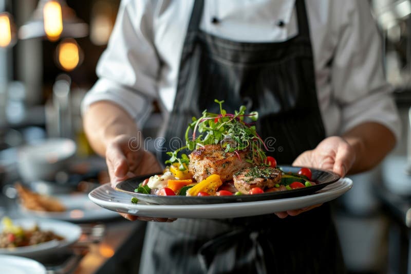 Waiter Carries a Dish on a Tray in a Restaurant Stock Photo - Image of ...