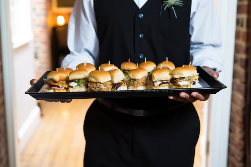 Waiter Carrying Tray of Bbq Sliders at Catered Event Stock Image ...