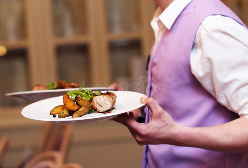Waitress is Carrying Three Plates Stock Photo - Image of room, dish ...