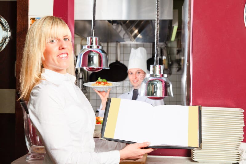 Waiter and Chef in Restaurant Stock Image - Image of female, indoors ...