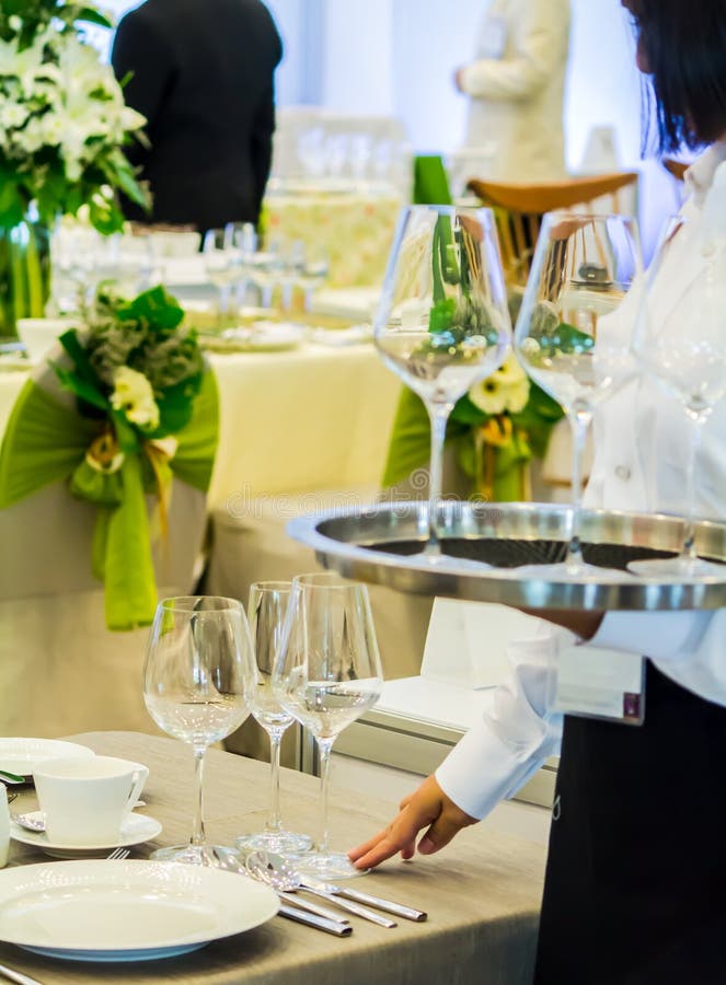 Waiter Decorate and Setting Party Dinner Table in Restaurant Stock ...