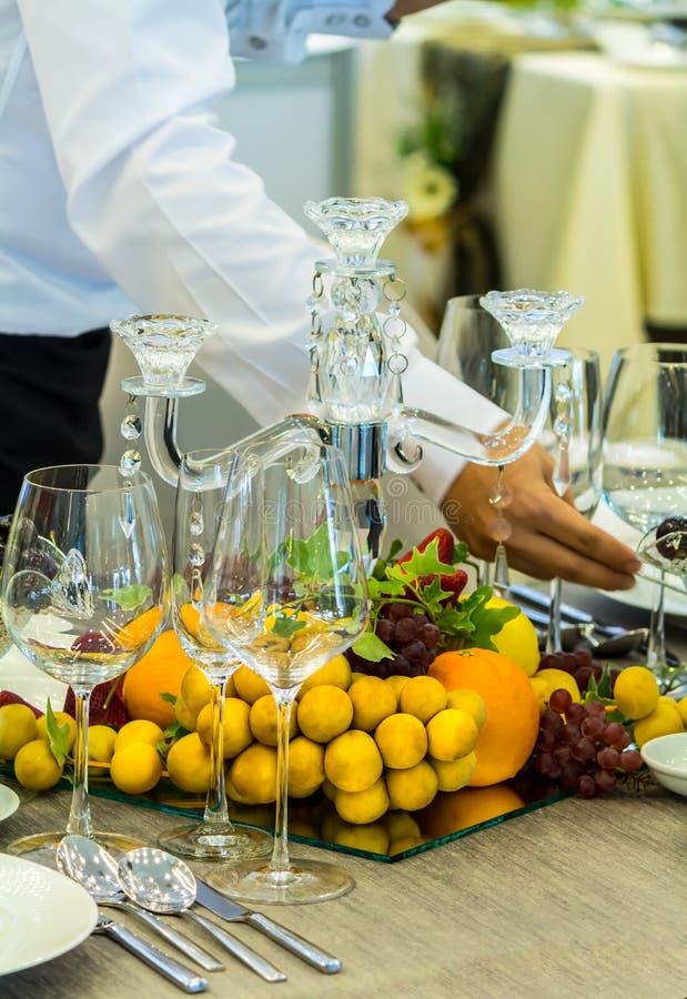 Waiter Decorate and Setting Party Dinner Table in Restaurant Stock ...