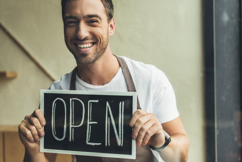 Waiter Holding Chalkboard with Open Word Stock Image - Image of open ...