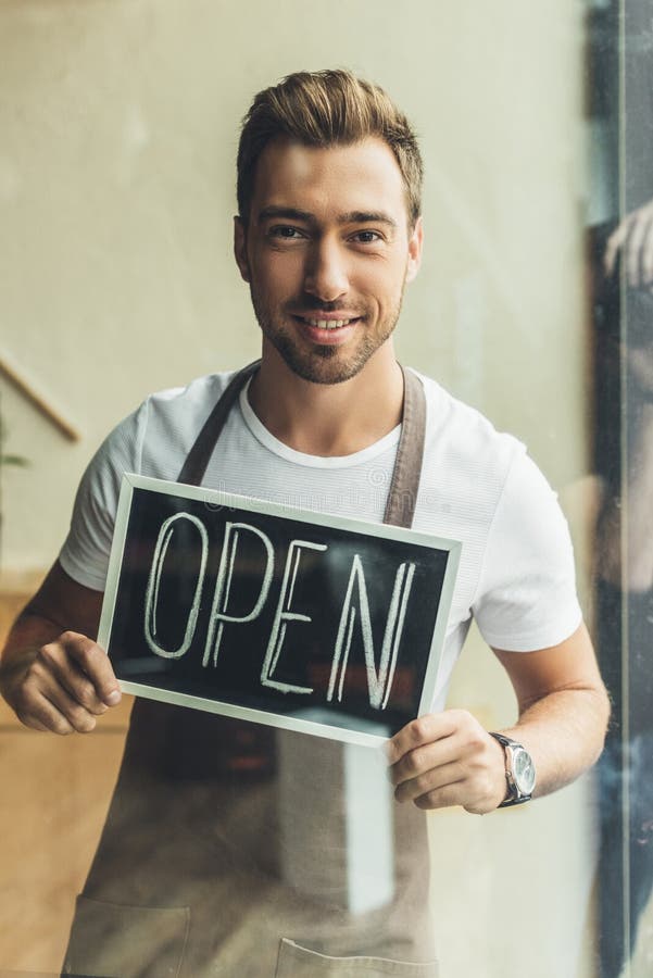 Waiter Holding Chalkboard with Open Word Stock Image - Image of worker ...