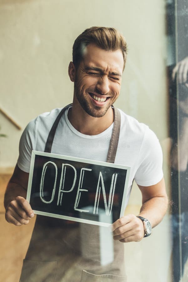 Waiter Holding Chalkboard with Open Word Stock Photo - Image of ...