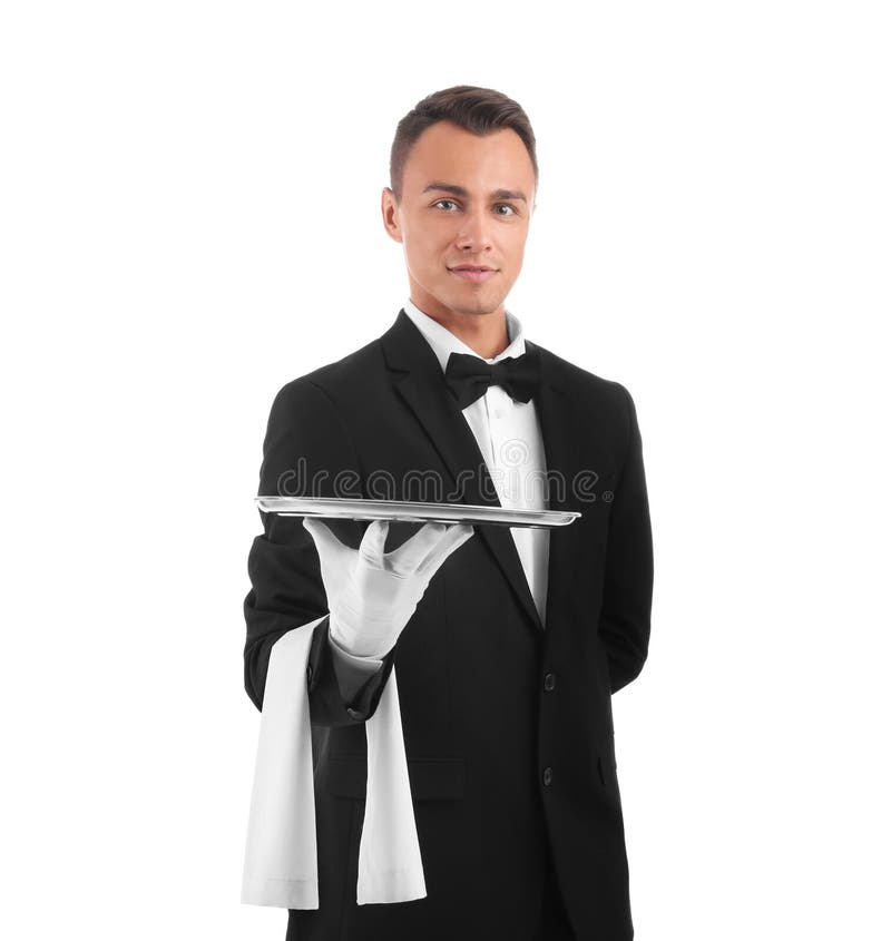 Waiter holding metal tra stock image. Image of hotel - 125266775