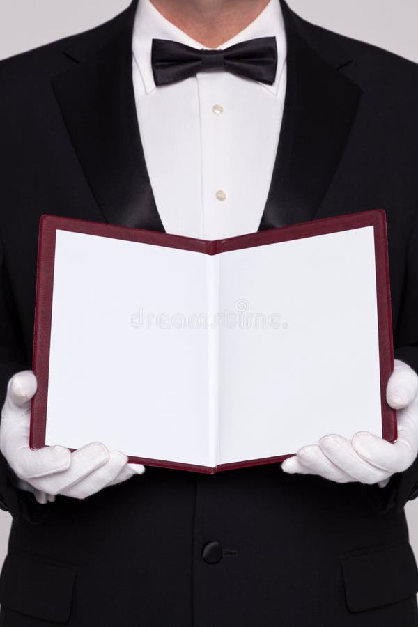 Waiter Holding Open a Blank Menu Stock Image - Image of order, isolated ...