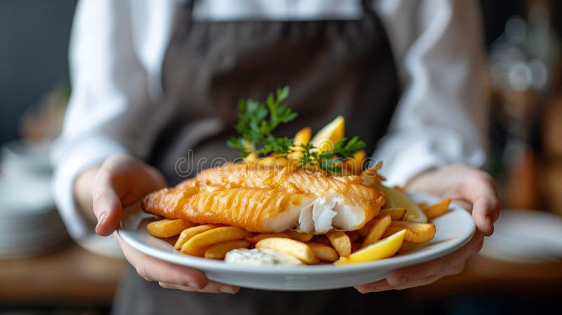 Waiter Holding a Plate with Fried Fish and Potatoes Stock Illustration ...