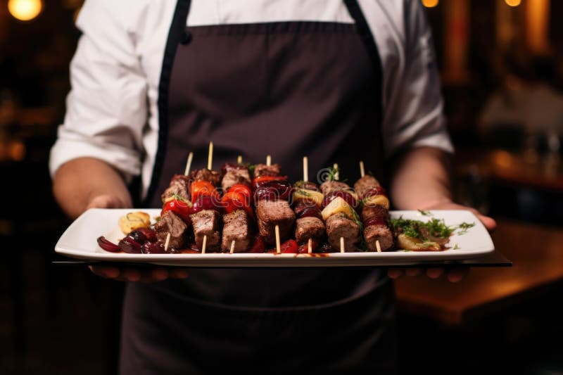 Waiter Holding a Platter of Beef Skewers Stock Image - Image of server ...