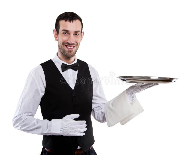 Waiter Arm Holding Tray Over White Background. Stock Photo - Image of ...