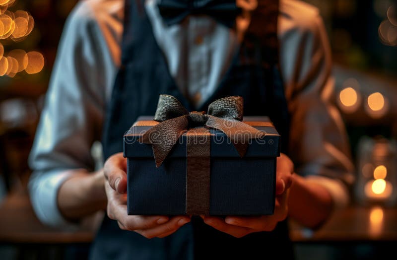 A Waiter Holds a Gift Box in Front of Him Stock Photo - Image of gift ...
