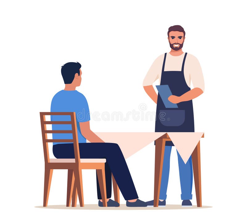 Waiter with Menu Taking Order. Restaurant Staff. Man Sitting at the ...