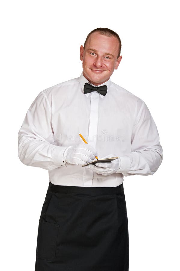 Waiter with Note Pad and Pencil Over White Background. Stock Photo ...