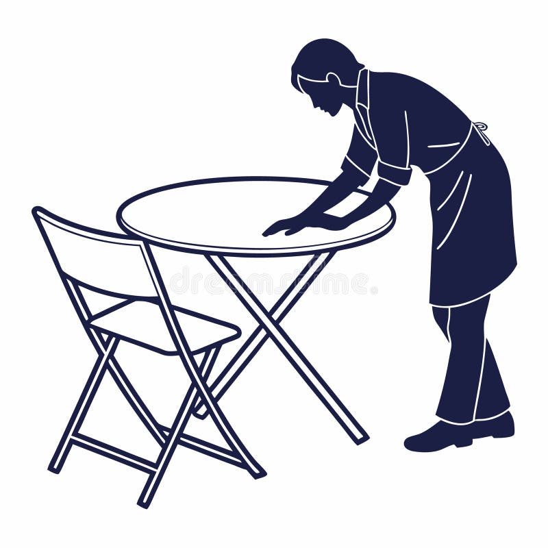 Waiter Preparing Table with Chair Outline Silhouette for Restaurant ...