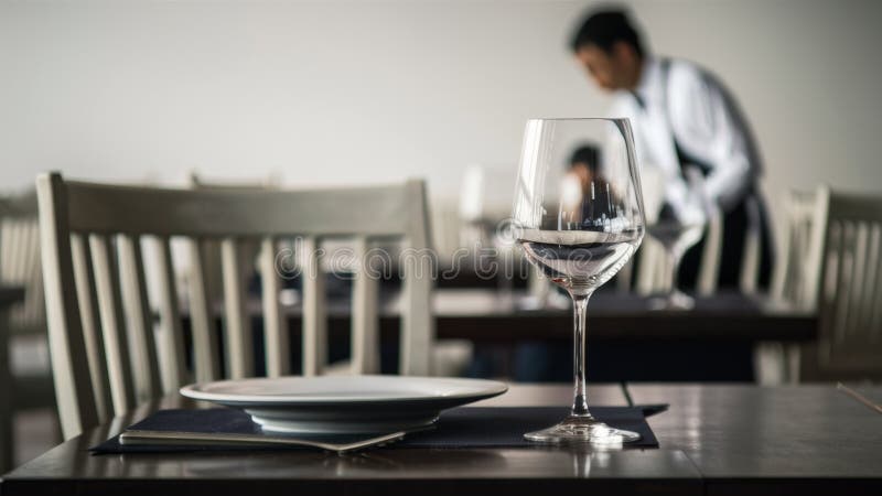 A Waiter is Preparing To Serve a Table with Empty Plates and Glasses ...