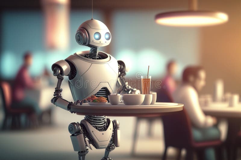 Waiter Robot Carrying a Tray with Plate on a Restaurant. Artificial ... Waiter Robot Carrying a Tray with Plate on a Restaurant. Artificial ...