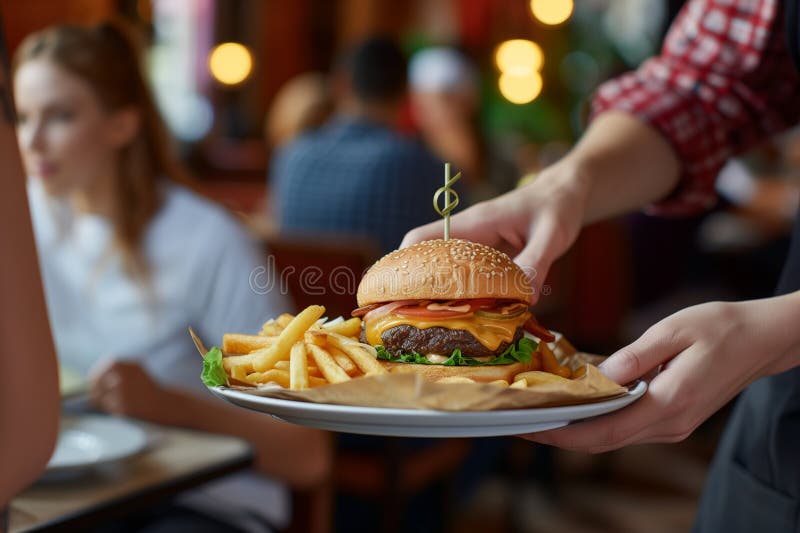 Waiter Serving a Burger and Fries To a Customer at a Diner Stock Photo ...