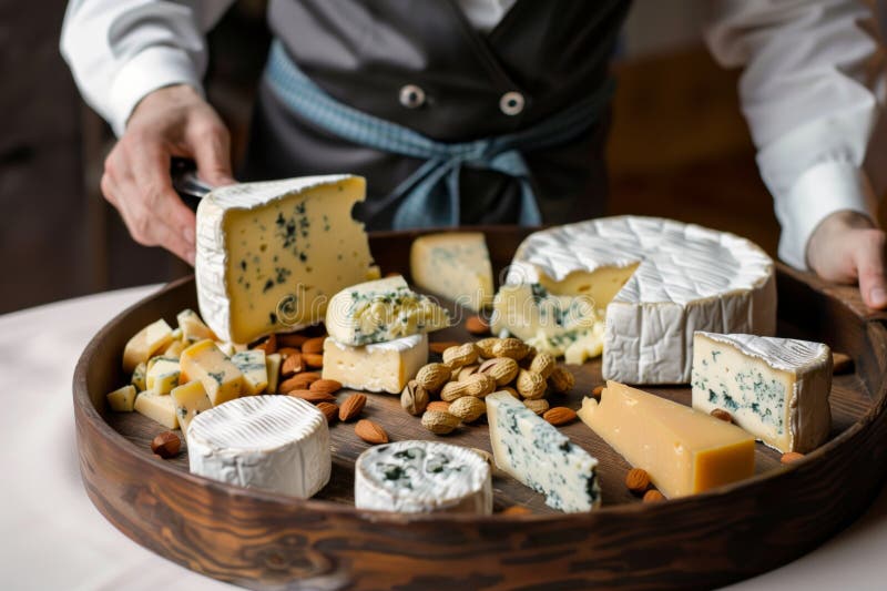 Waiter Serving a Cheese Platter with a Selection of International ...