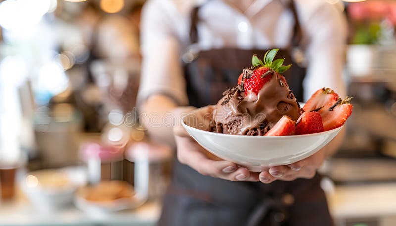Waiter Serving Chocolate and Strawberry Ice Cre Stock Image - Image of ...