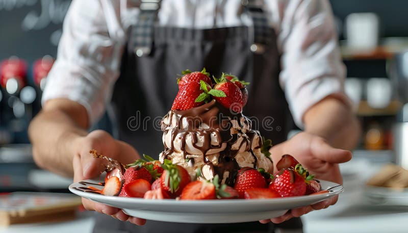 Waiter Serving Chocolate and Strawberry Ice Cre Stock Image - Image of ...