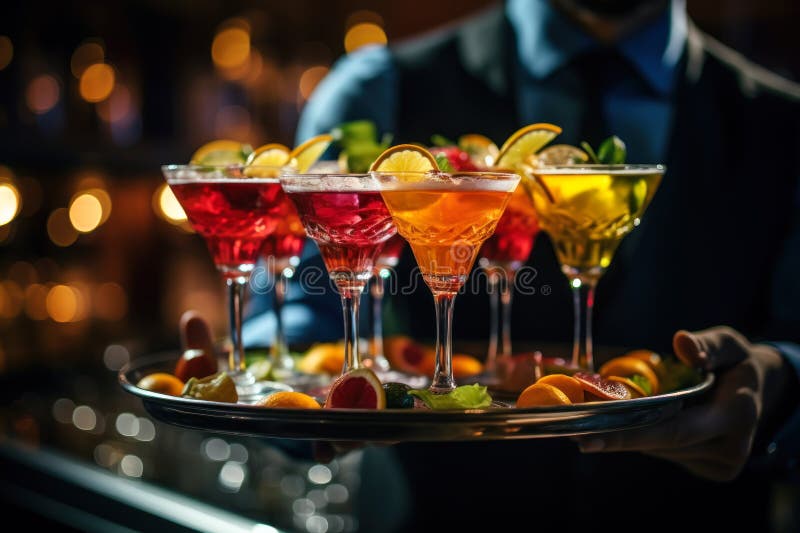 Waiter Serving Cocktails on a Tray Generative Ai Stock Illustration ...