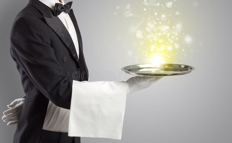 Waiter Serving Mysterious Light on Tray Stock Image - Image of ...
