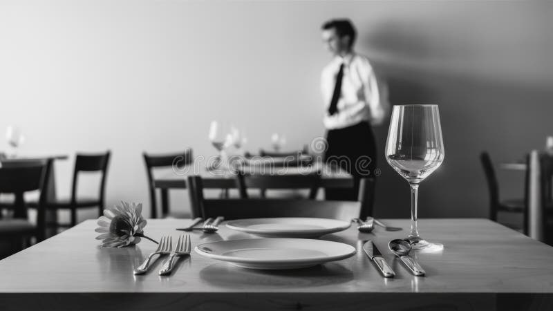 A Waiter Standing Behind a Table with Empty Plates and Glasses, AI ...