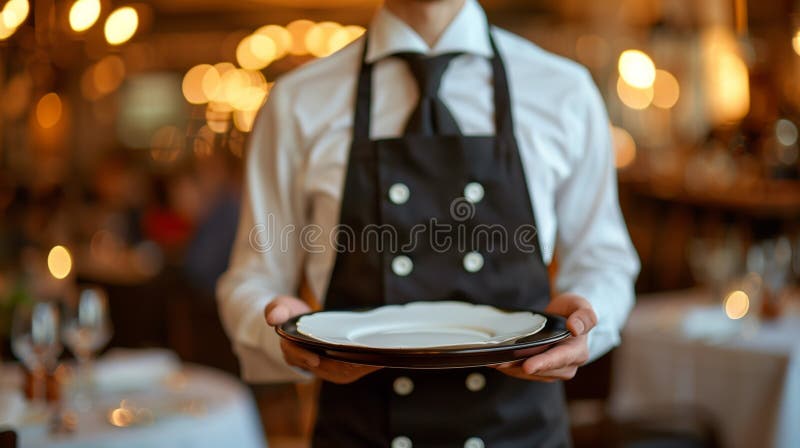 A Waiter in Uniform Holding a Silver Tray in a Restaurant Stock Photo ...