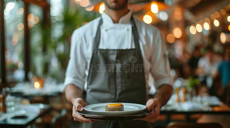 A Waiter in Uniform Holds a Tray with Plates in a Restaurant Stock ...