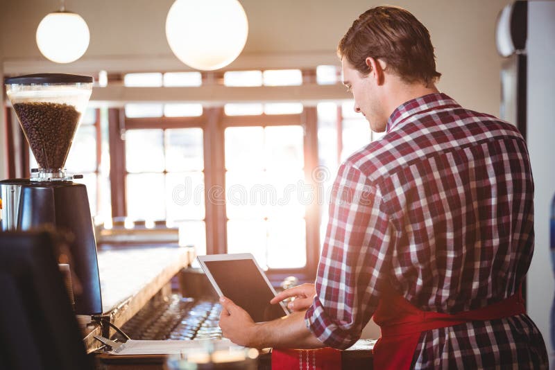 Waiter Using Digital Tablet Stock Photo - Image of touching ...