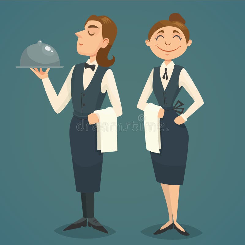 Waiter and Waitress Character Design, Vector Cartoon Illustration Stock ...