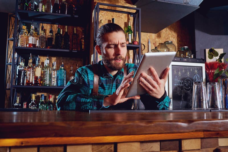 Waiters, Bartenders Barista Work with the Tablet in Cafe Bar Res Stock ...
