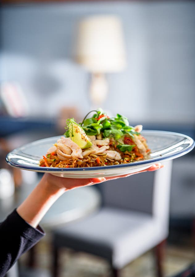 Waiters Hand Holding a Plate with Food in Cafe Stock Image - Image of ...