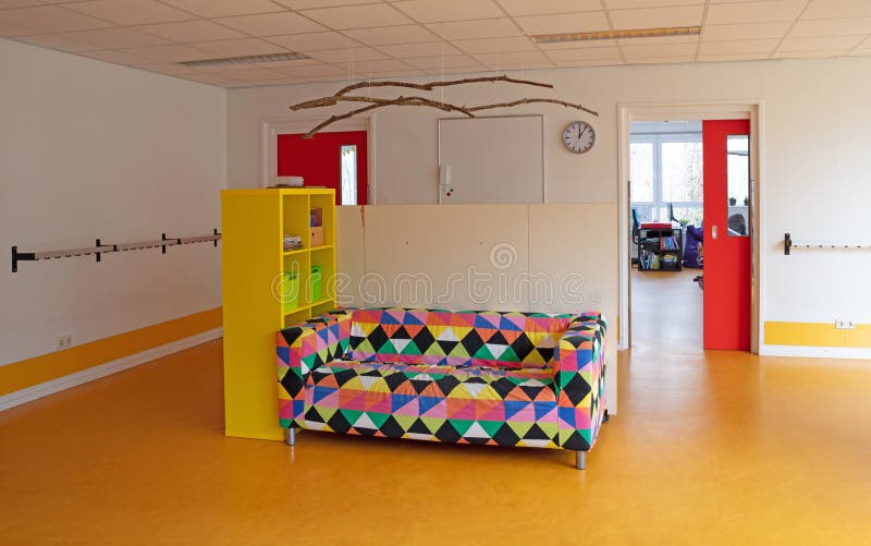 Waiting area in a school stock image. Image of clock - 206824387