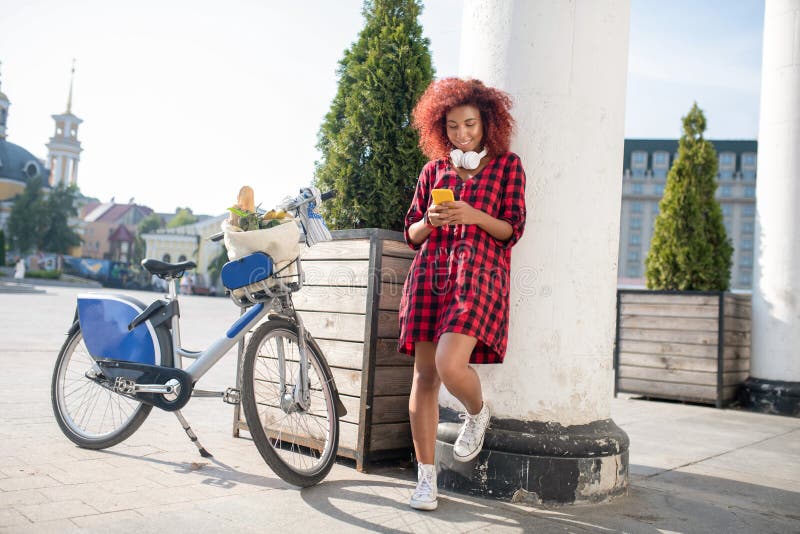 Curly Student Texting Friend while Waiting for Him Stock Image - Image ...