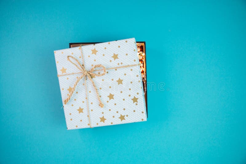 Waiting for a Gift, Holiday Background, Gift Box on Bright Blue ...