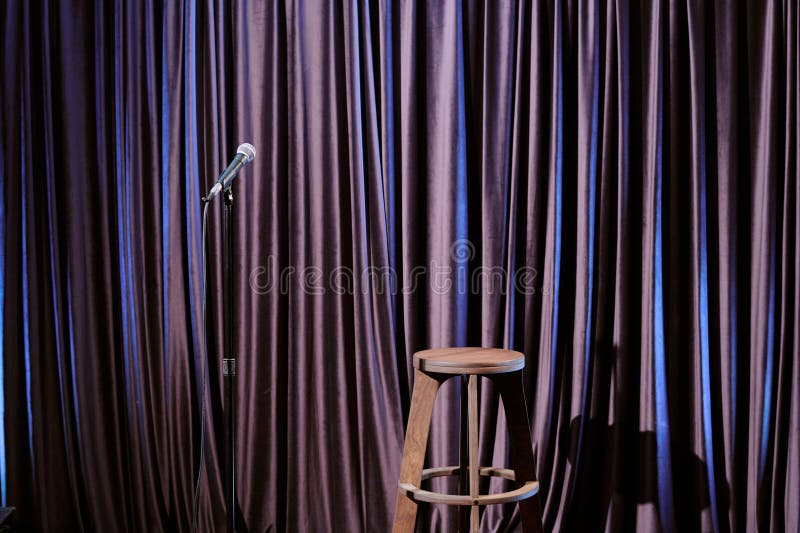Waiting Microphone Stand on Stage with Brown Curtains Stock Image ...